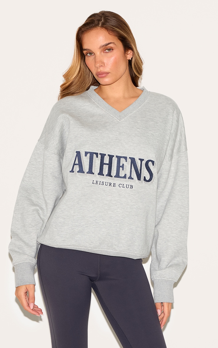 Ash Grey Athens Embroidered V Neck Sweatshirt | Athleisure | PLT USA