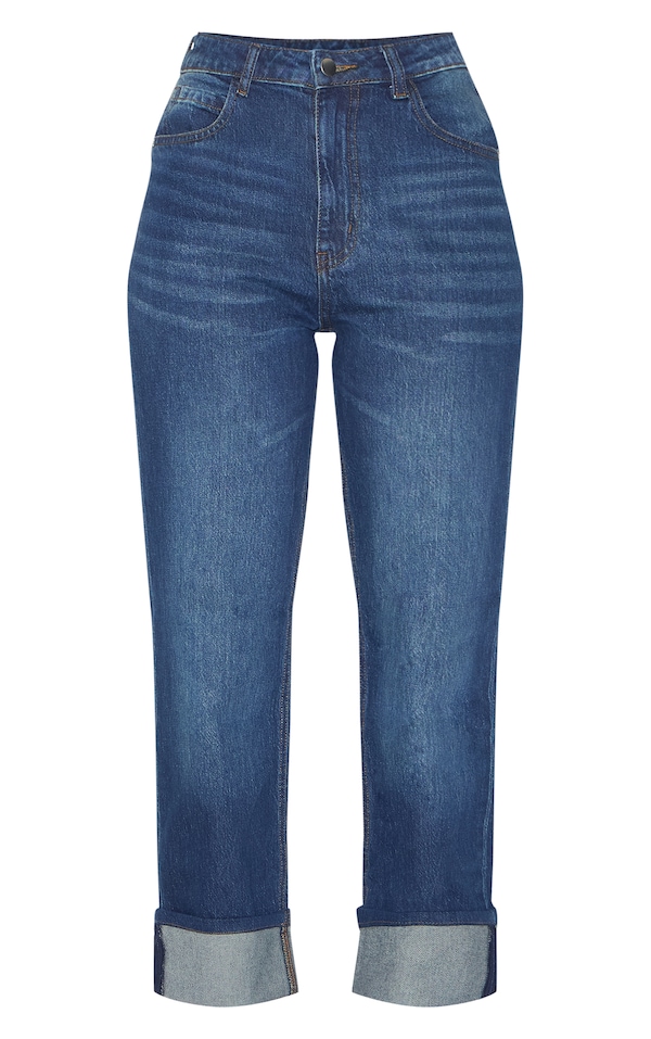 Tall Dark Indigo Mid Rise Turn Up Hem Jeans | Tall | PrettyLittleThing USA