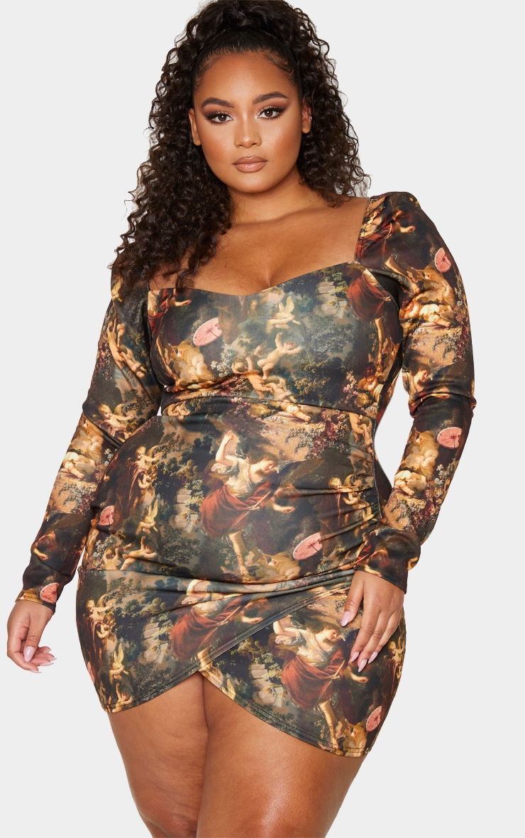 Plus Multi Renaissance Puff Shoulder Bodycon Dress | PrettyLittleThing