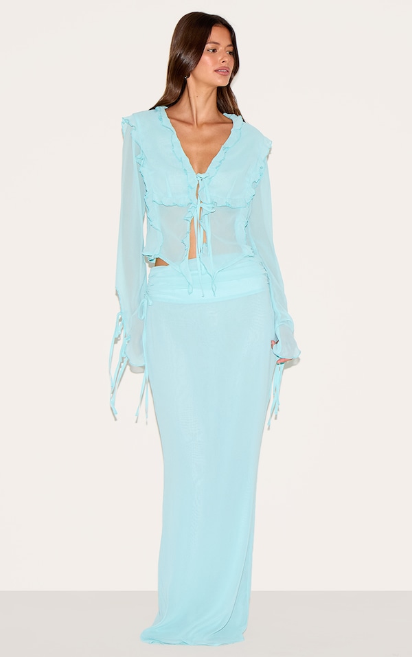 Aqua Chiffon Ruffle Tie Front Blouse | Co-ords | PrettyLittleThing USA
