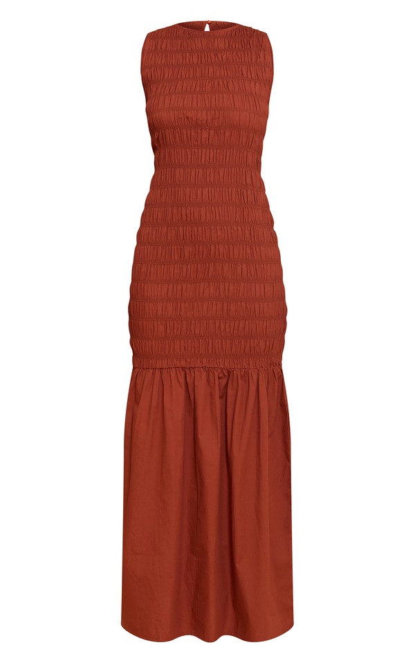 Chestnut Shirred Detail Drop Waist Maxi Dress | Dresses | PLT AUS