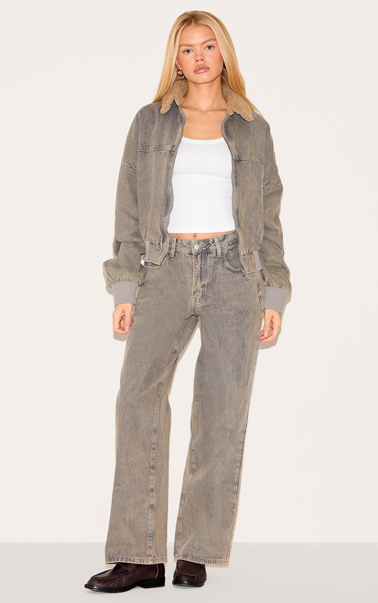 Light Grey Borg Collar Denim Bomber Jacket | Denim | PLT