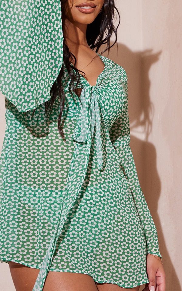 Green Floral Chiffon Tie Floaty Mini Beach Dress | Swimwear | PLT