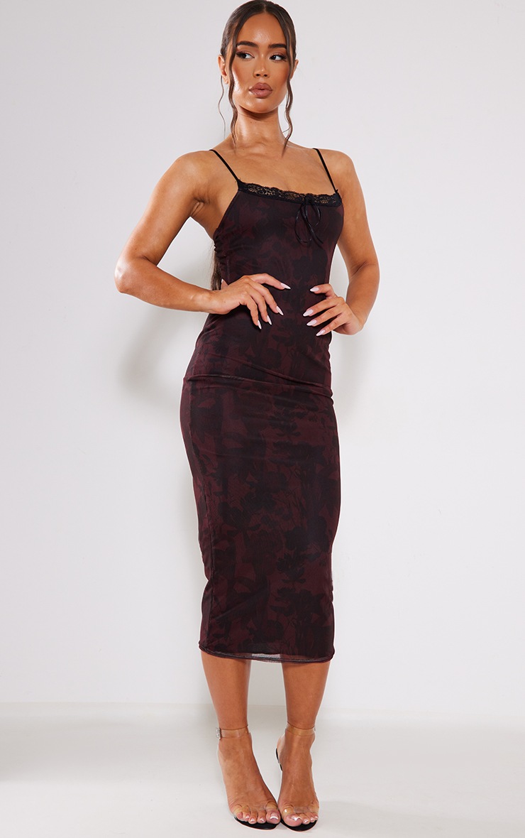 Burgundy Floral Print Mesh Strappy Lace Detail Midaxi Dress ...