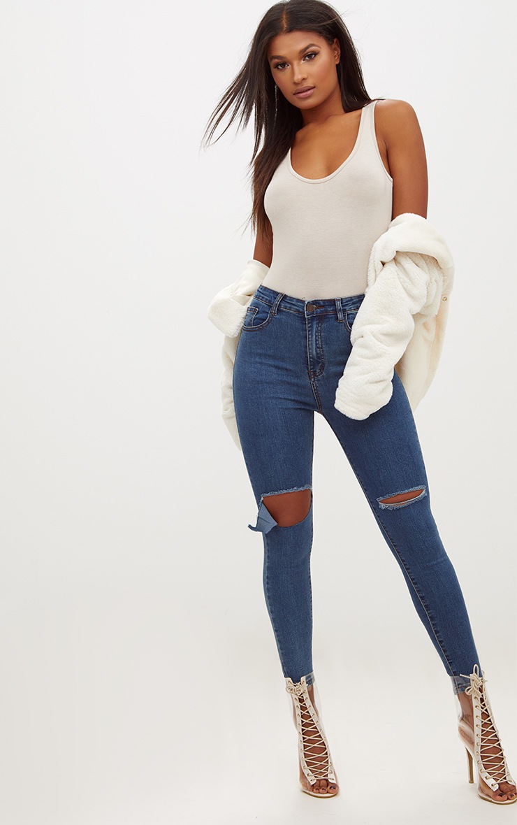 Dark Wash Open Knee Rip Skinny Jeans | Denim | PrettyLittleThing USA