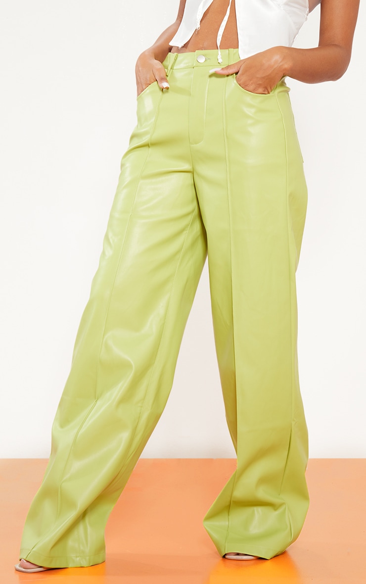 Lime Green Pu Seam Extreme Wide Leg Trousers | PrettyLittleThing IE