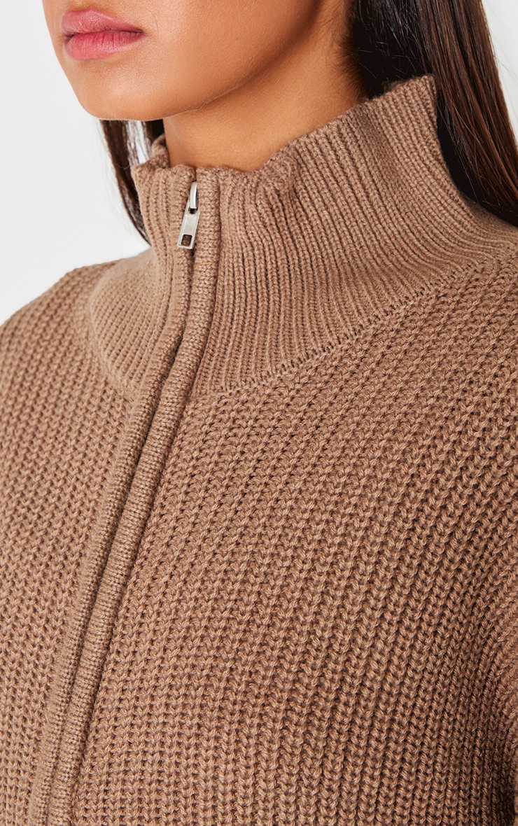 Light Mocha Thick Rib Knit Zip Up Cardigan | Knitwear | PLT