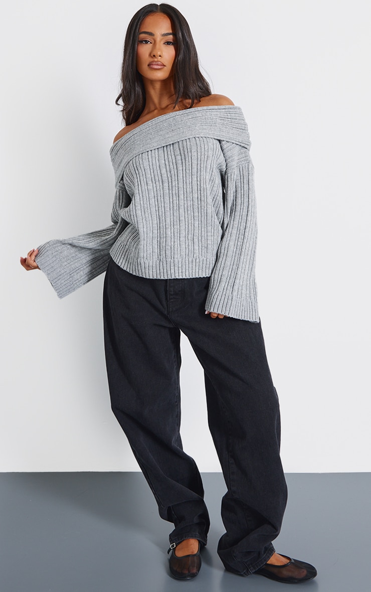 Petite Grey Off The Shoulder Knit Jumper | Petite | PLT