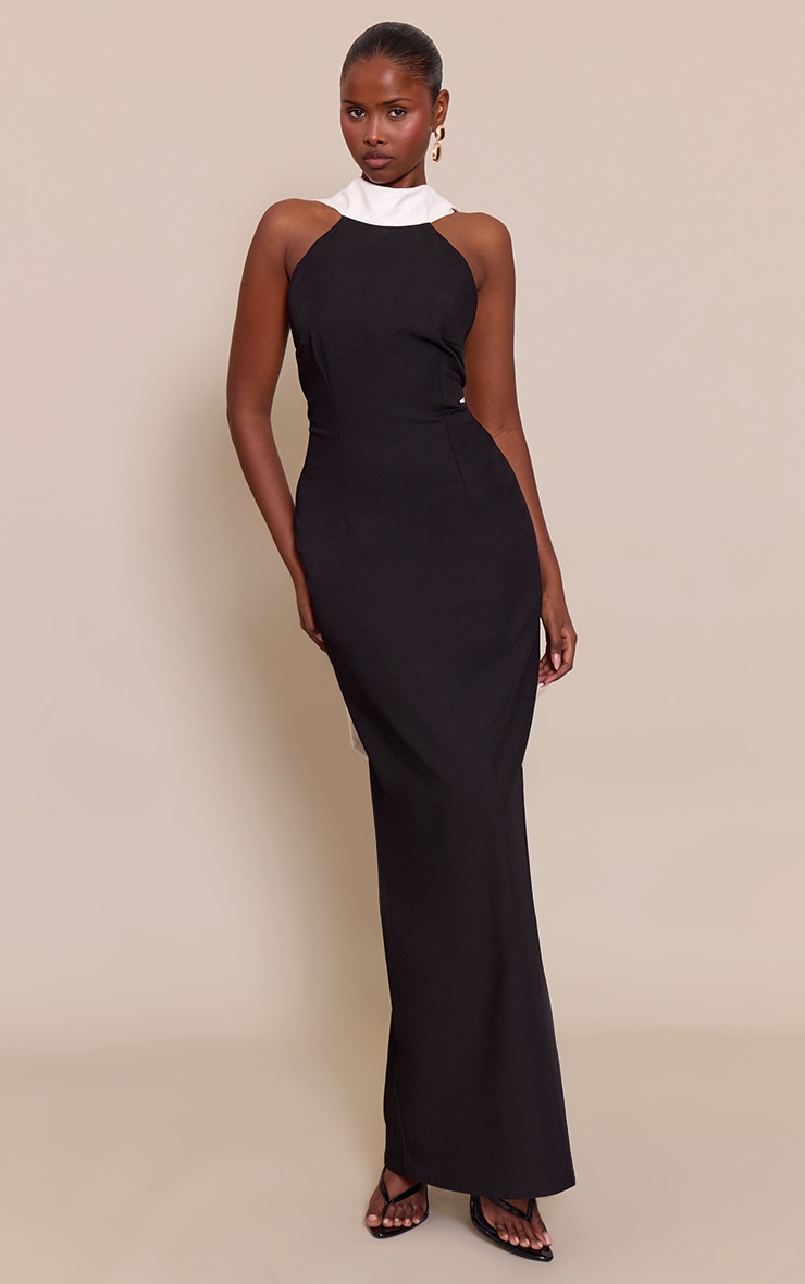 Black Halterneck Contrast Drape Backless Dress | Dresses | PLT