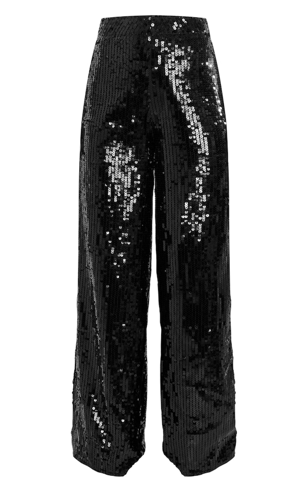 Black Sequin Tailored Wide Leg Pants | Bottoms | PrettyLittleThing USA