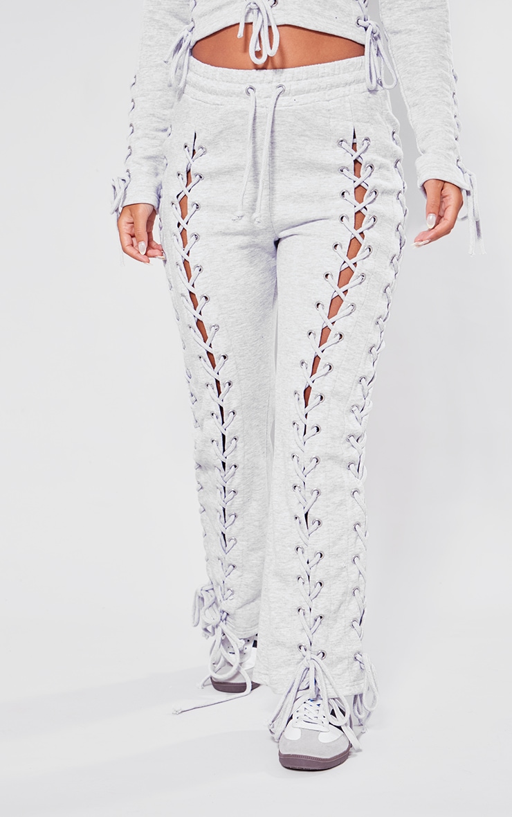 Petite Ash Grey Eyelet Detail Lace Up Sweatpants | PrettyLittleThing CA