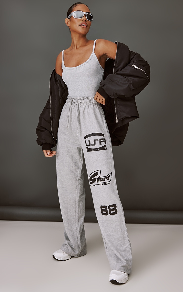 Grey USA Printed Wide Leg Sweatpants | Athleisure | PrettyLittleThing USA