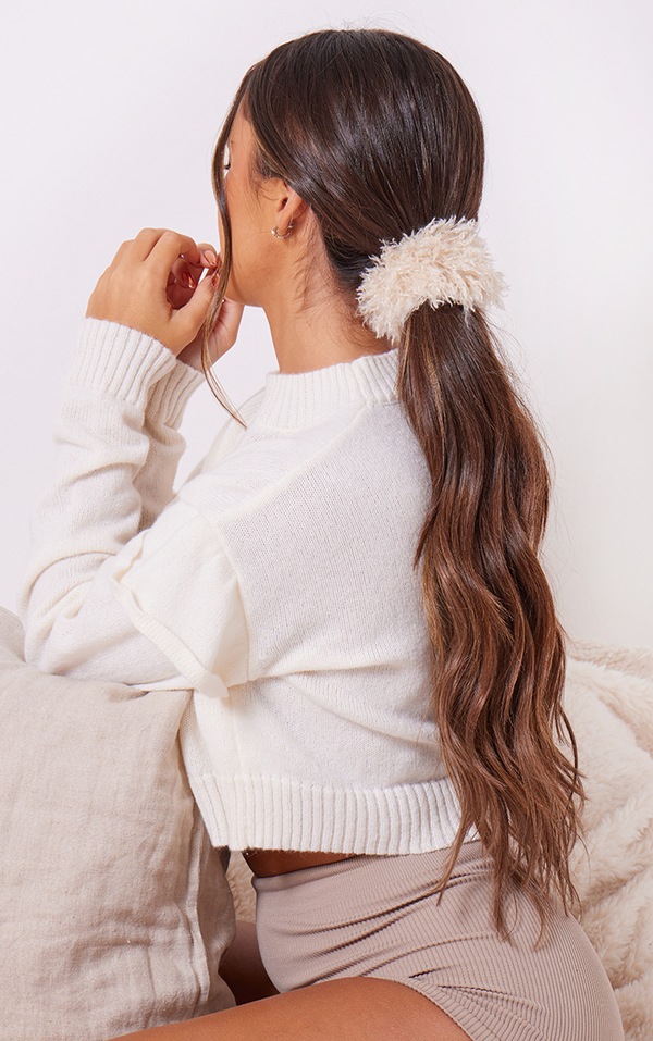 Beige Fluffy Faux Fur Scrunchie | Accessories | PLT