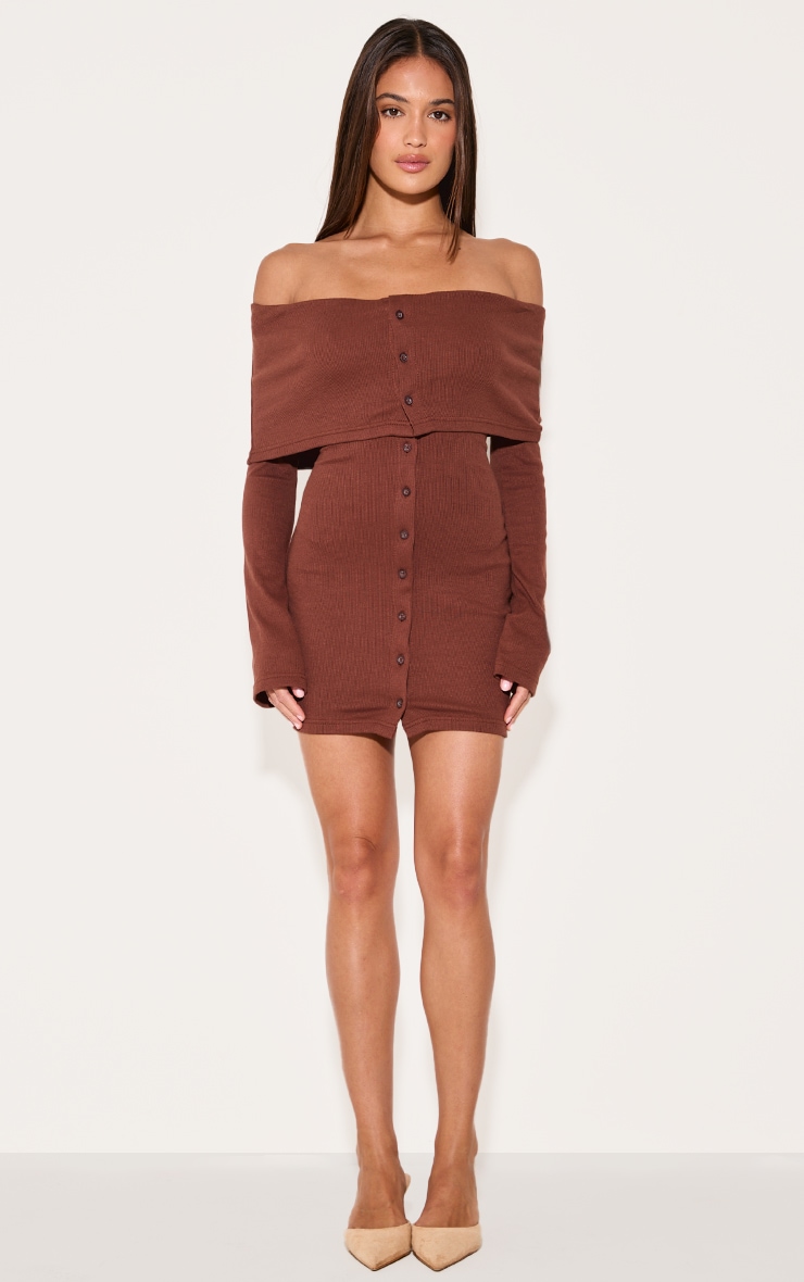 Chocolate Rib Fold Over Bardot Button Mini Dress | Dresses | PLT