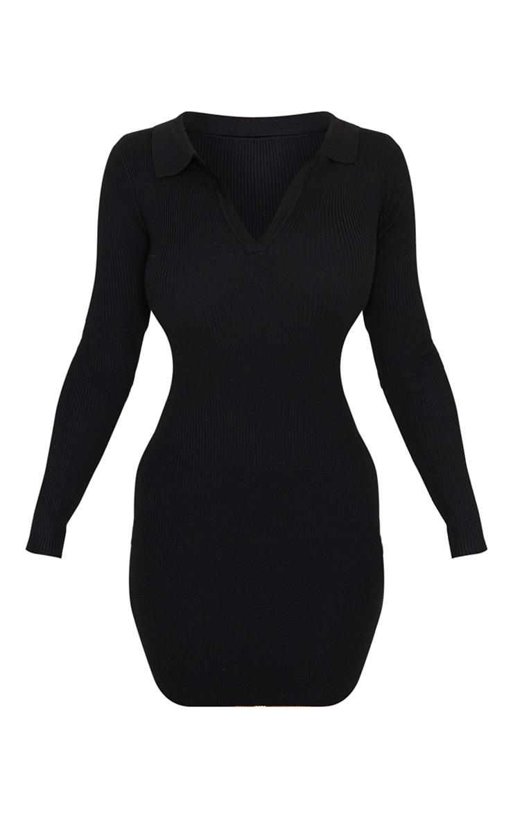 Black Long Sleeve Rib Knitted Bodycon Mini Dress | PrettyLittleThing