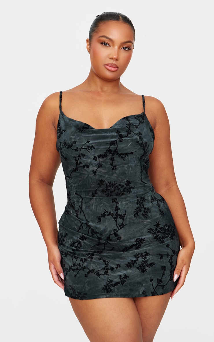 Plus Grey Floral Devore Cowl Neck Shift Dress | Plus Size | PLT