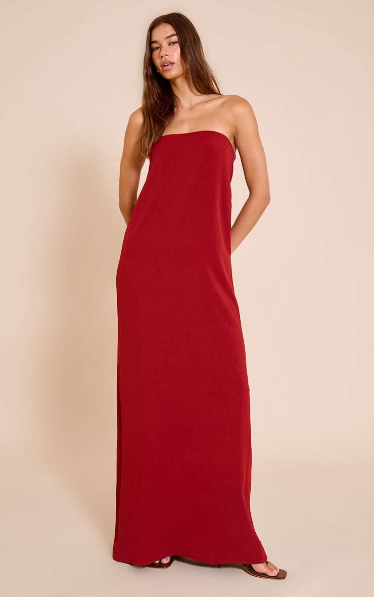 Deep Red Floaty Woven Bandeau Maxi Dress | Dresses | PrettyLittleThing AUS