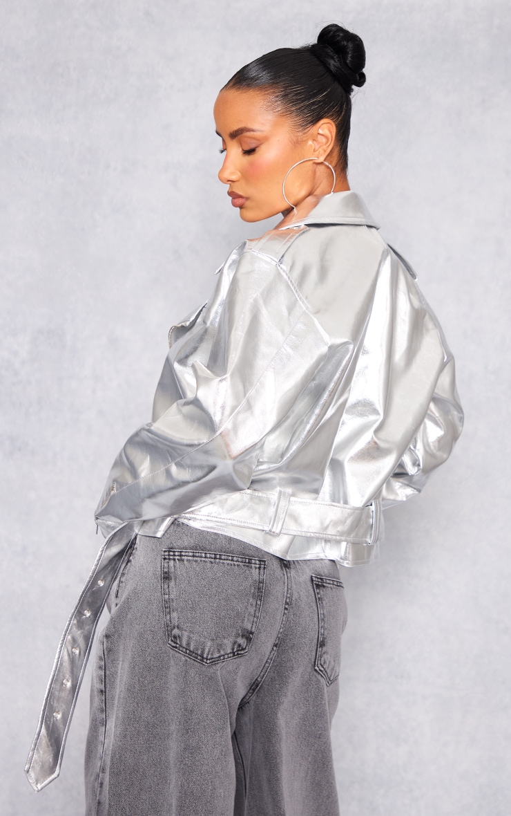 Silver Metallic Biker Jacket | PrettyLittleThing UAE