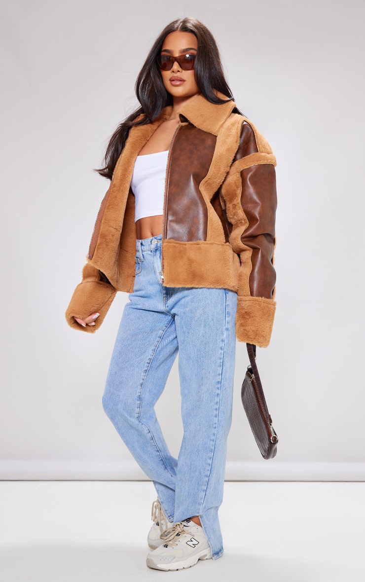 Petite Brown Distressed PU & Fur Contrast Jacket | Petite | PLT