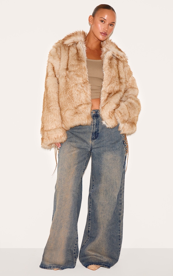 Plus Beige Tipped Faux Fur Collar Detail Jacket | Plus Size ...