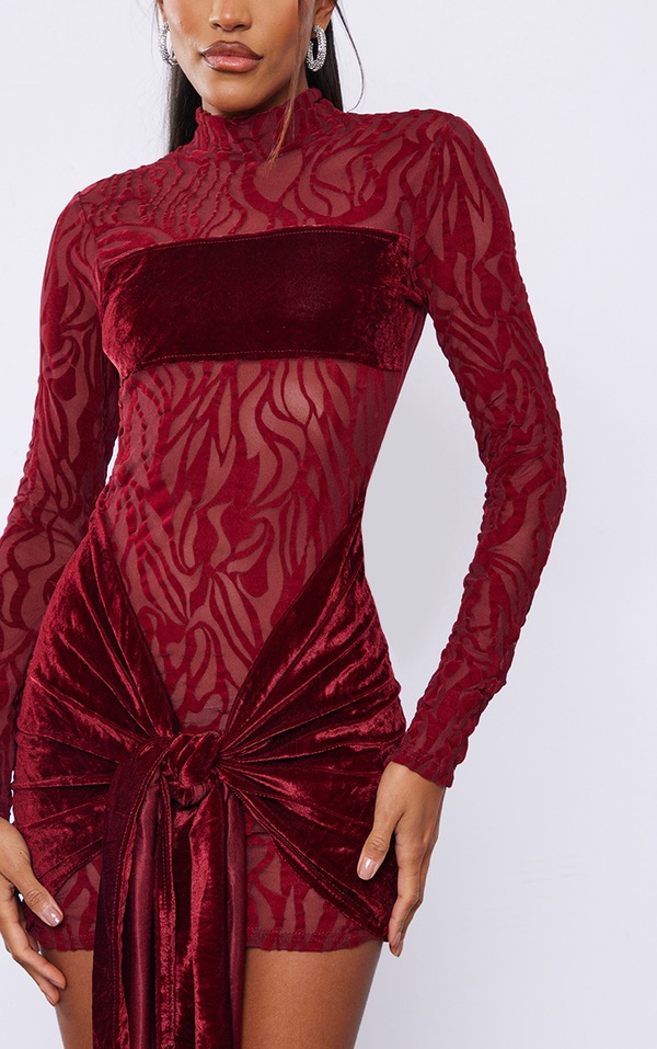 Burgundy Flocked Mesh Drape Tie Bodycon Dress | Dresses | PLT