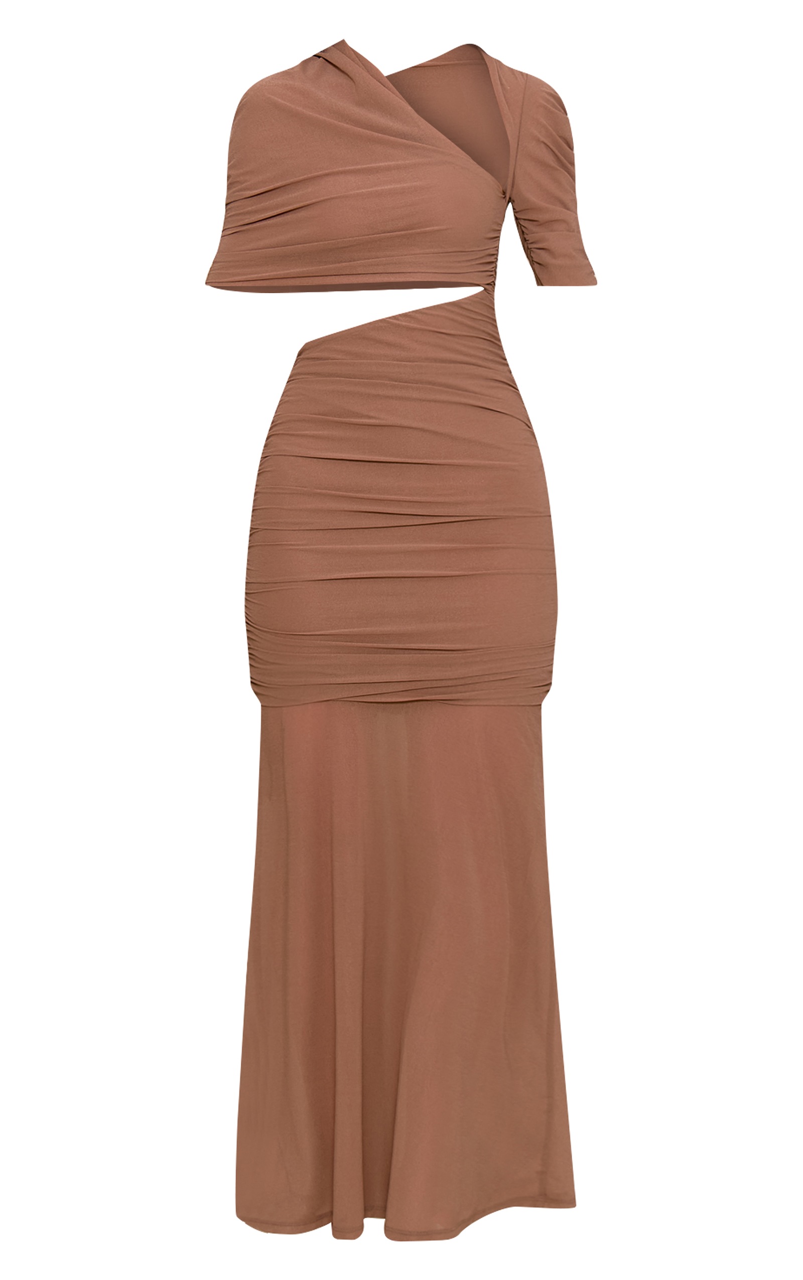 Taupe Mesh Extreme Ruched Wrap Fishtail Maxi Dress | Dresses | PLT USA