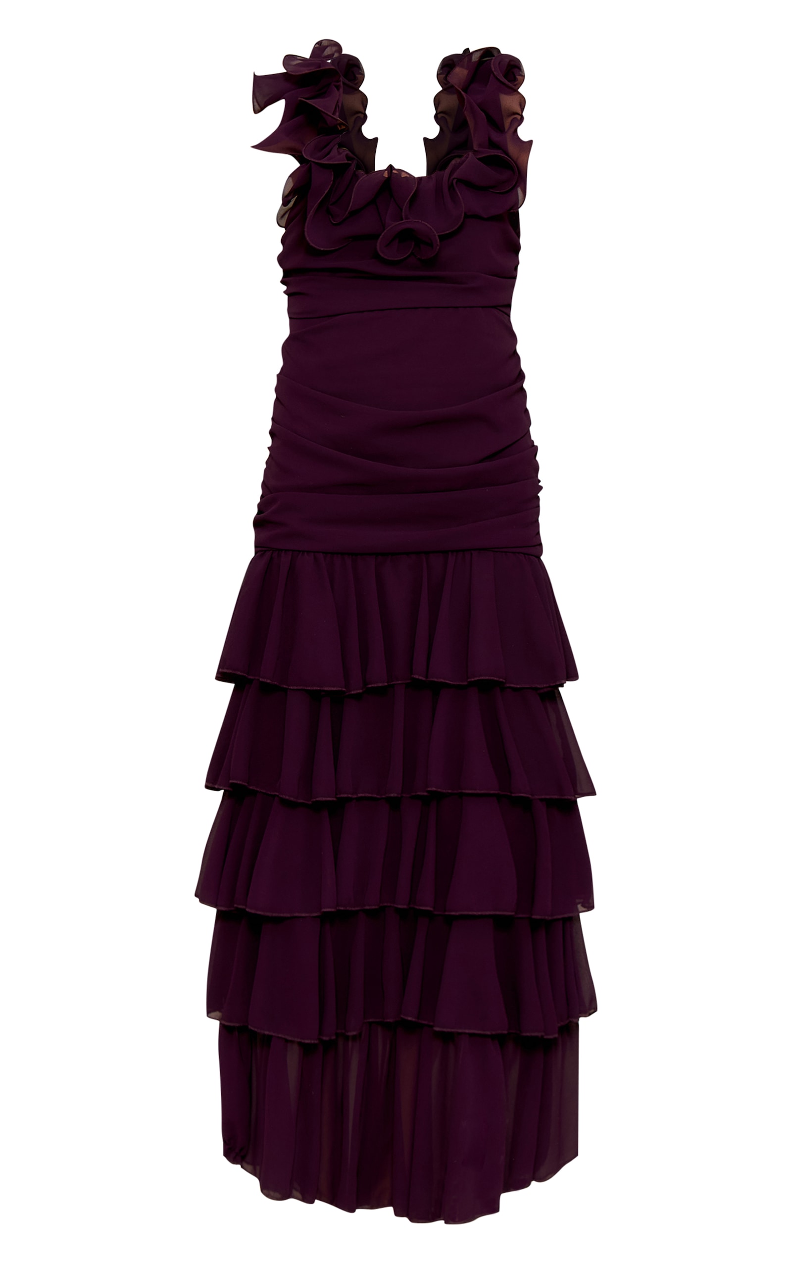 Wine Chiffon Ruched Ruffle Maxi Dress | Dresses | PLT