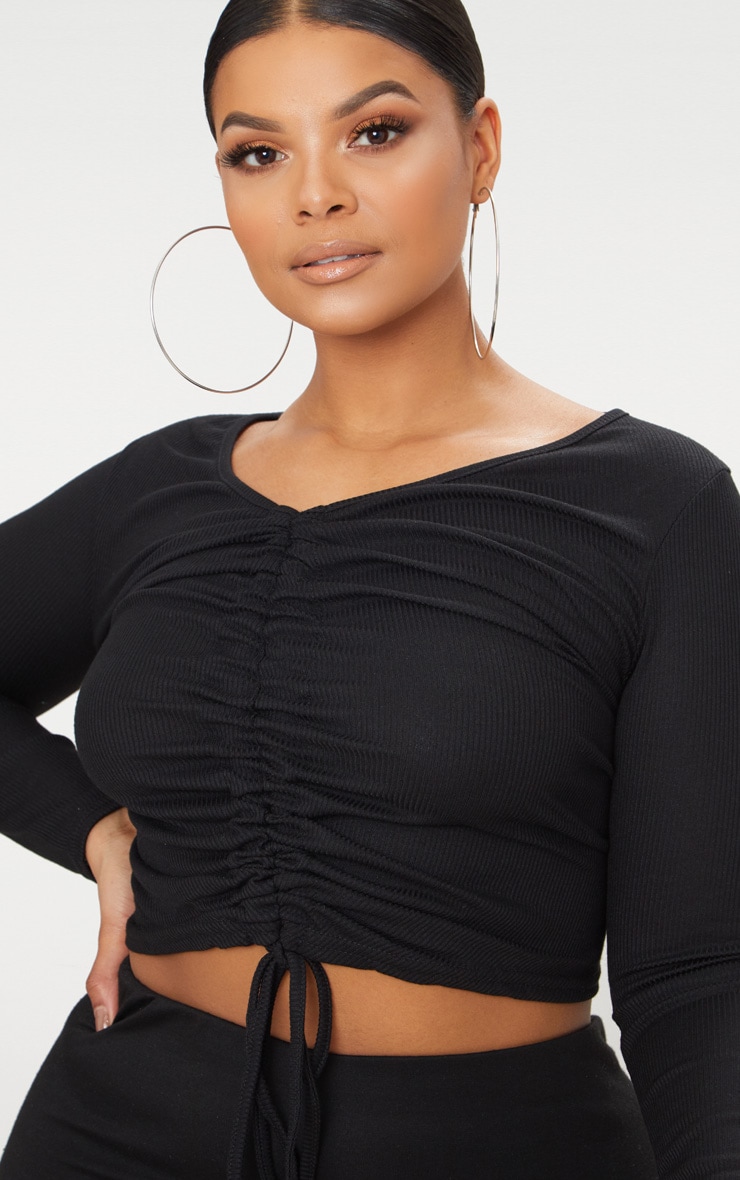 Plus Black Ribbed Ruched Crop Top | Plus Size | PLT USA
