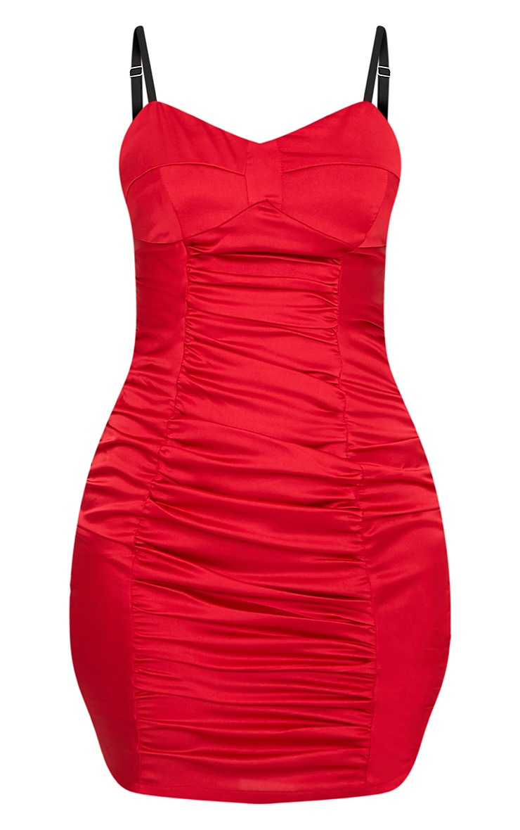 Lauriana Red Satin Strappy Ruched Bodycon Dress Prettylittlething