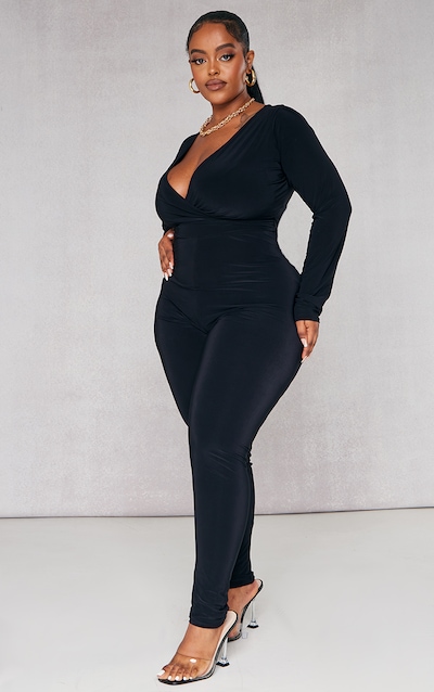 Plus Black Wrap Front Long Sleeve Catsuit | Plus Size 