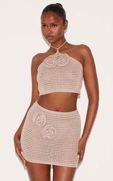 Taupe Flower Applique Crochet Mini Skirt | Knitwear | PLT USA