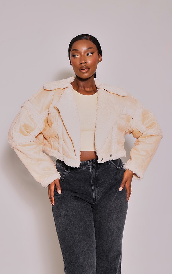 Plus Cream Shearling Trim Crop Aviator | PrettyLittleThing