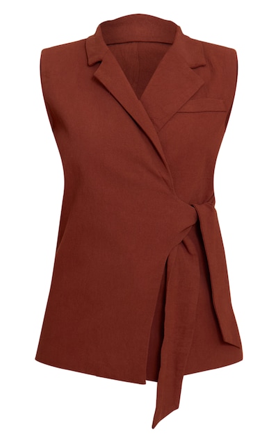 Rust Linen Look Tie Waist Waistcoat | Outerwear | PLT