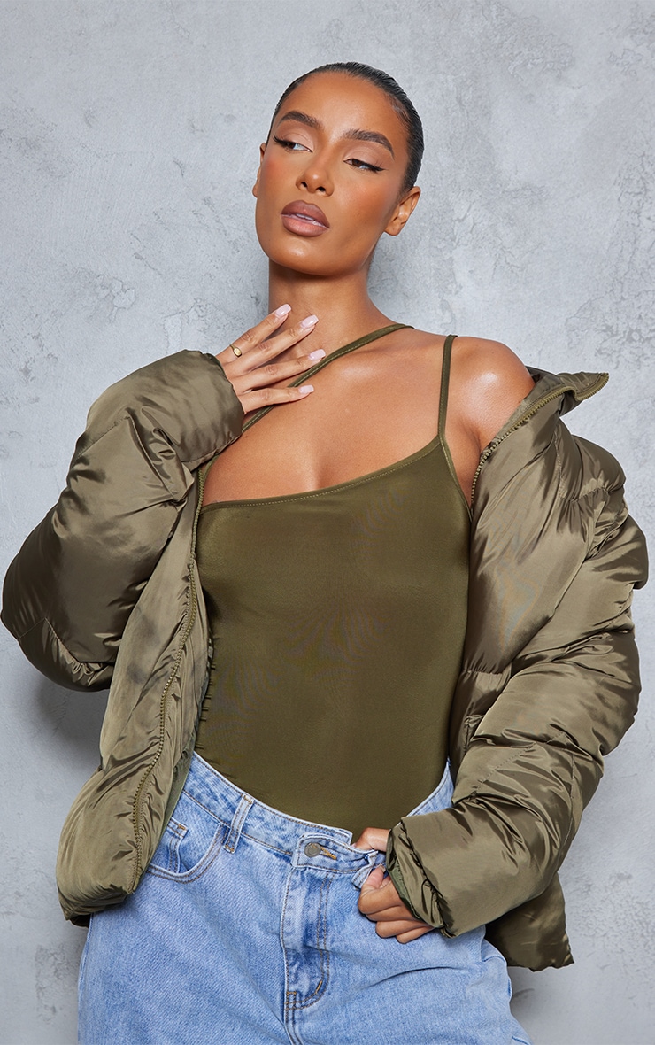 Khaki Slinky Asymmetric Bodysuit | Tops | PrettyLittleThing AUS