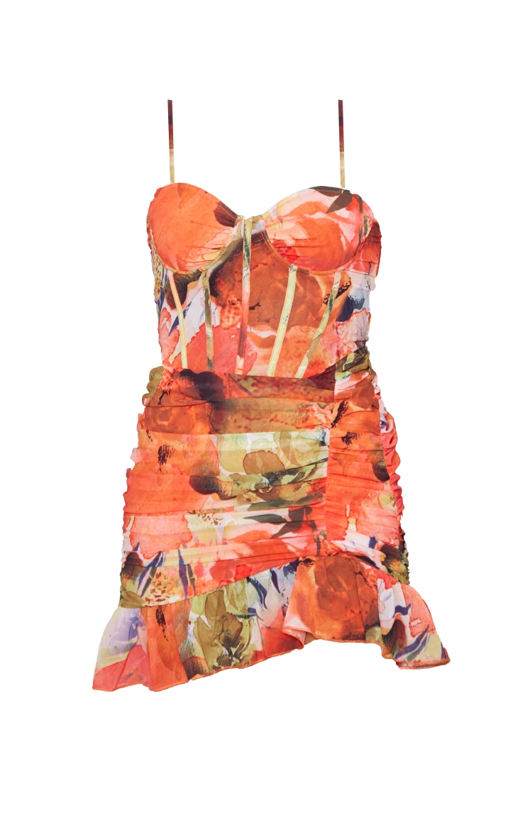 Orange Floral Print Corset Frill Hem Bodycon Dress | PrettyLittleThing USA