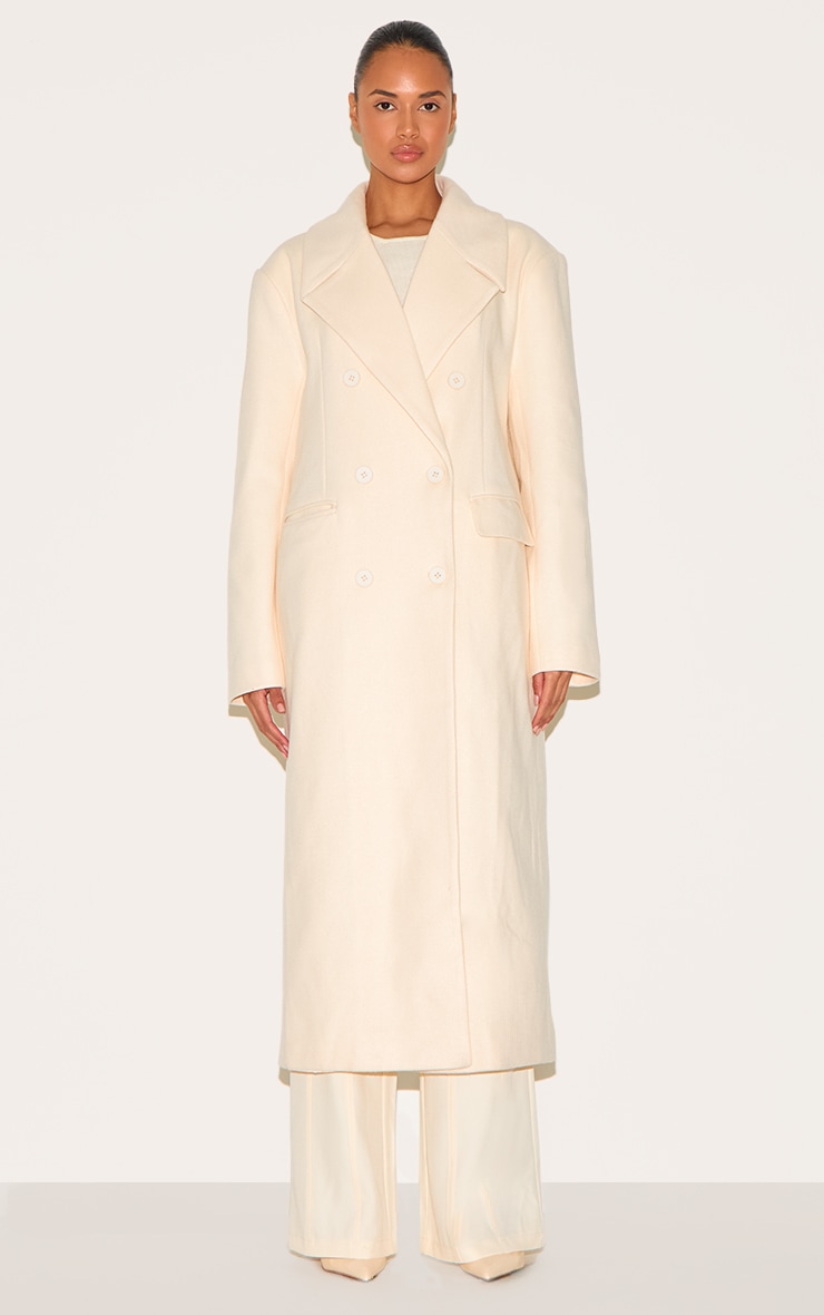 Ecru Wool Look Double Breasted Oversized Maxi Coat | Outerwear | PLT