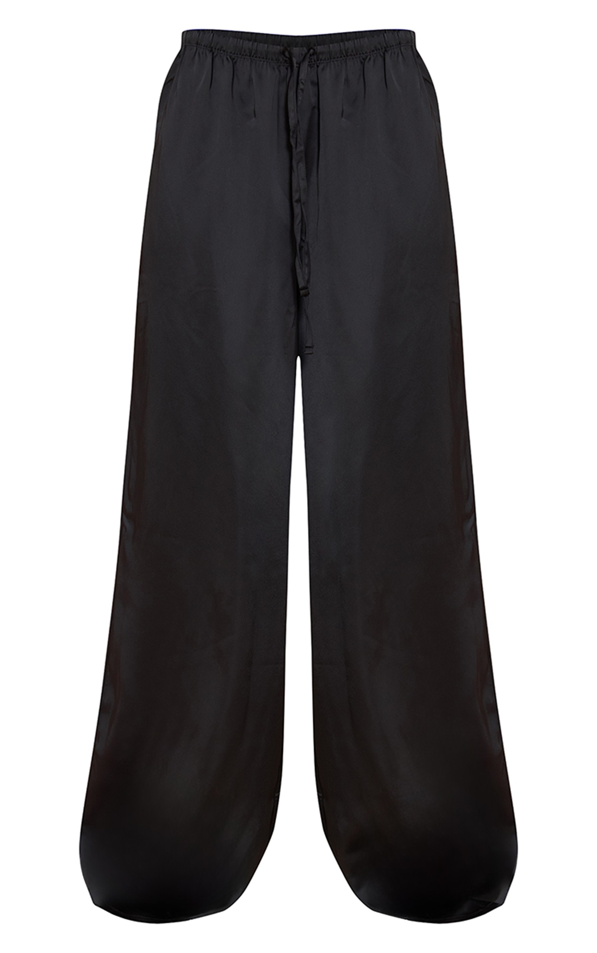 Black Satin Wide Leg Drawstring Trousers | Bottoms | PLT