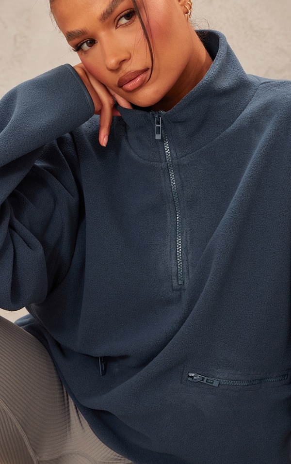 Slate Blue Fleece Quarter Zip Pocket Sweatshirt | PrettyLittleThing UAE