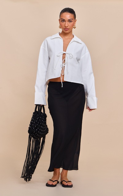 White Tie Front Linen Look Collar Blazer | Tops | PLT