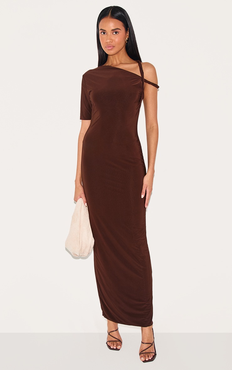 Chocolate Slinky Twist Shoulder Midaxi Dress | Dresses | PrettyLittleThing AUS