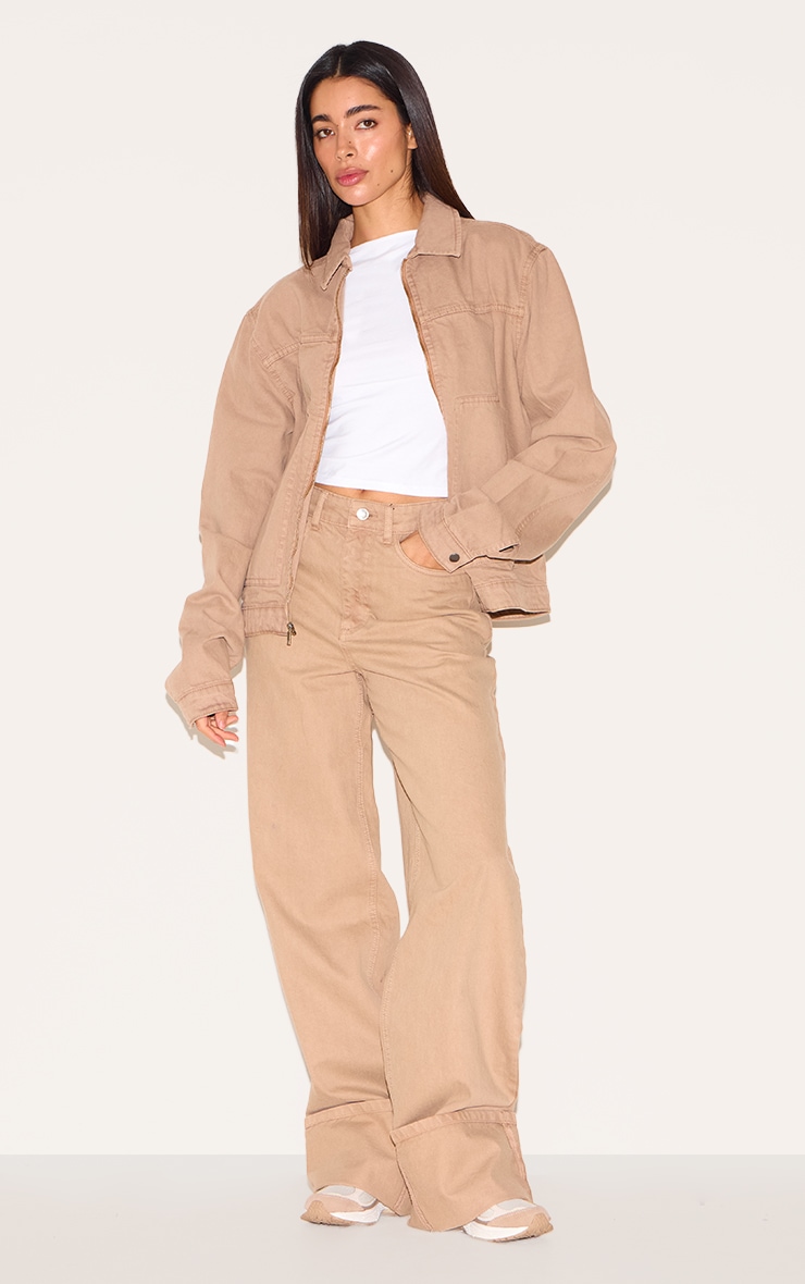 Taupe Boxy Contrast Seam Carpenter Denim Jacket | Denim | PLT