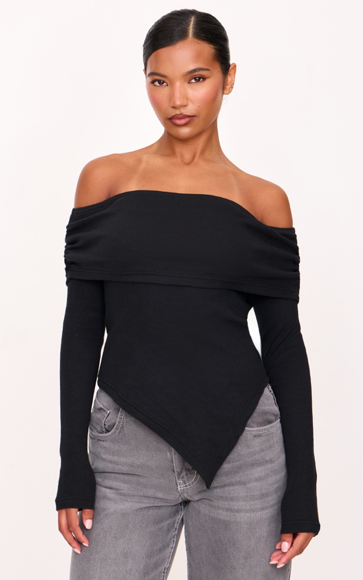 Black Fold Over Bardot Dipped Hem Long Top | Tops | PLT