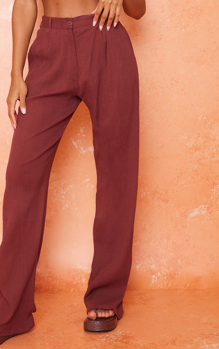 Brown Cheesecloth Tailored Wide Leg Trousers | PrettyLittleThing