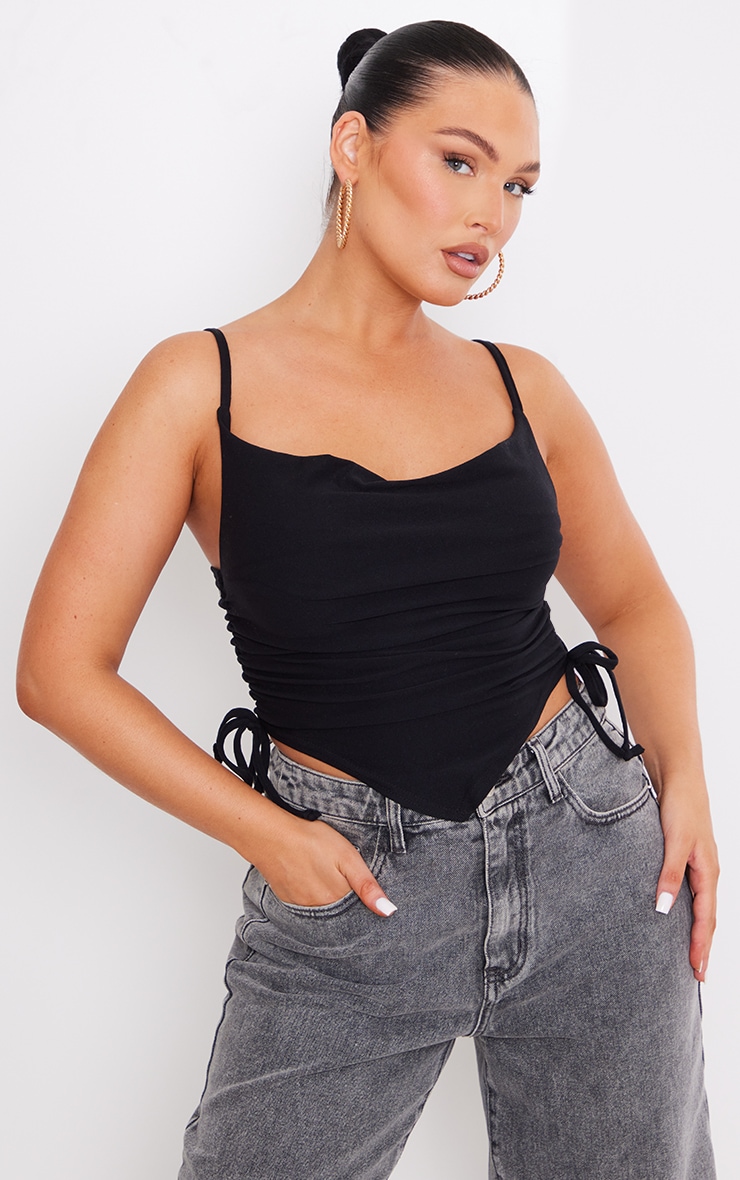 Black Soft Jersey Ruched Side Halter Crop Top | Tops | PLT