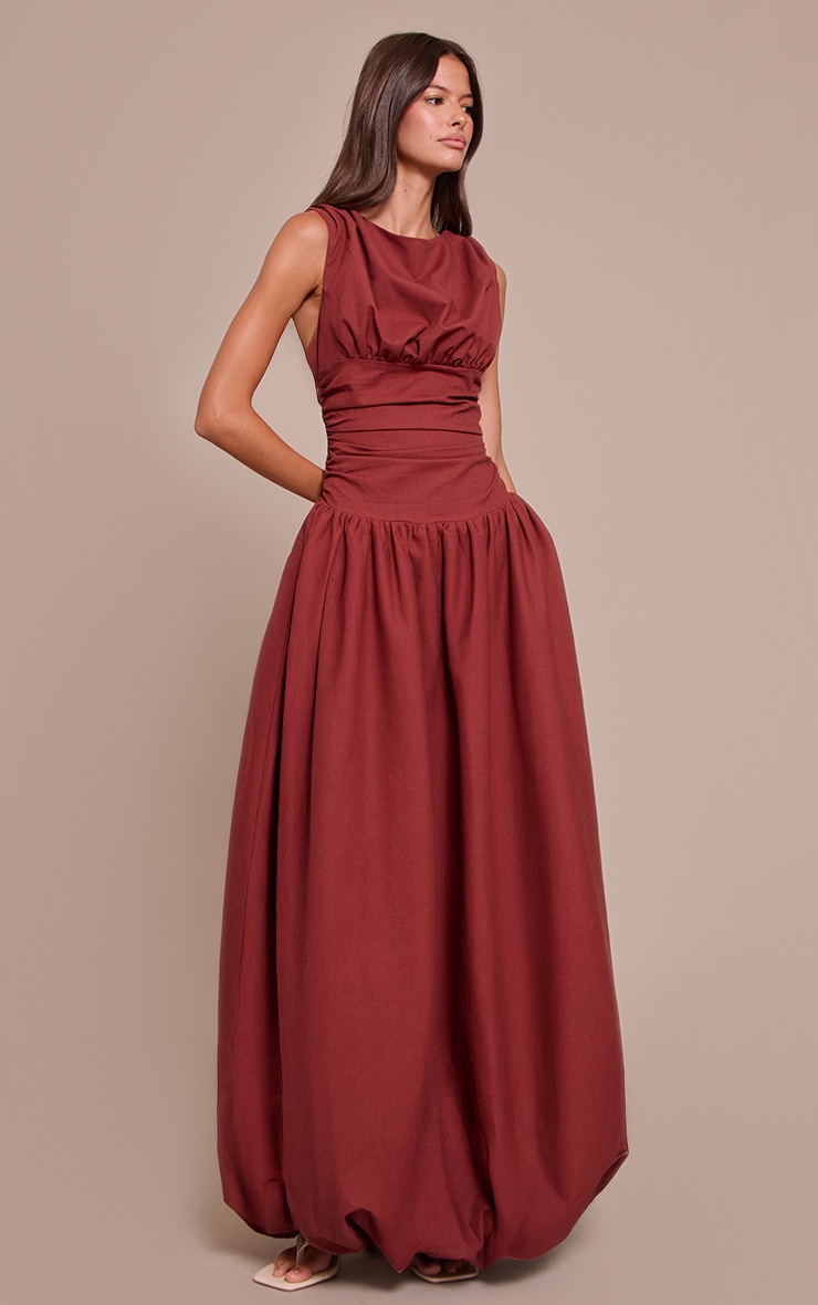 Deep Red Boat Neck Ruched Puffball Maxi Dress | Dresses | PLT