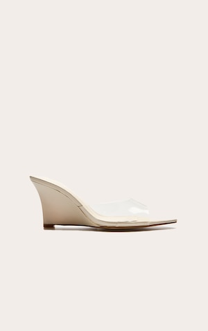 Ecru Wide Fit Perspex Strap Heeled Wedges | Footwear | PLT