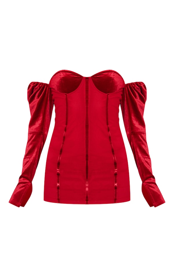 Dark Red Velvet Corset Long Sleeve Bodycon Dress | Dresses | PLT