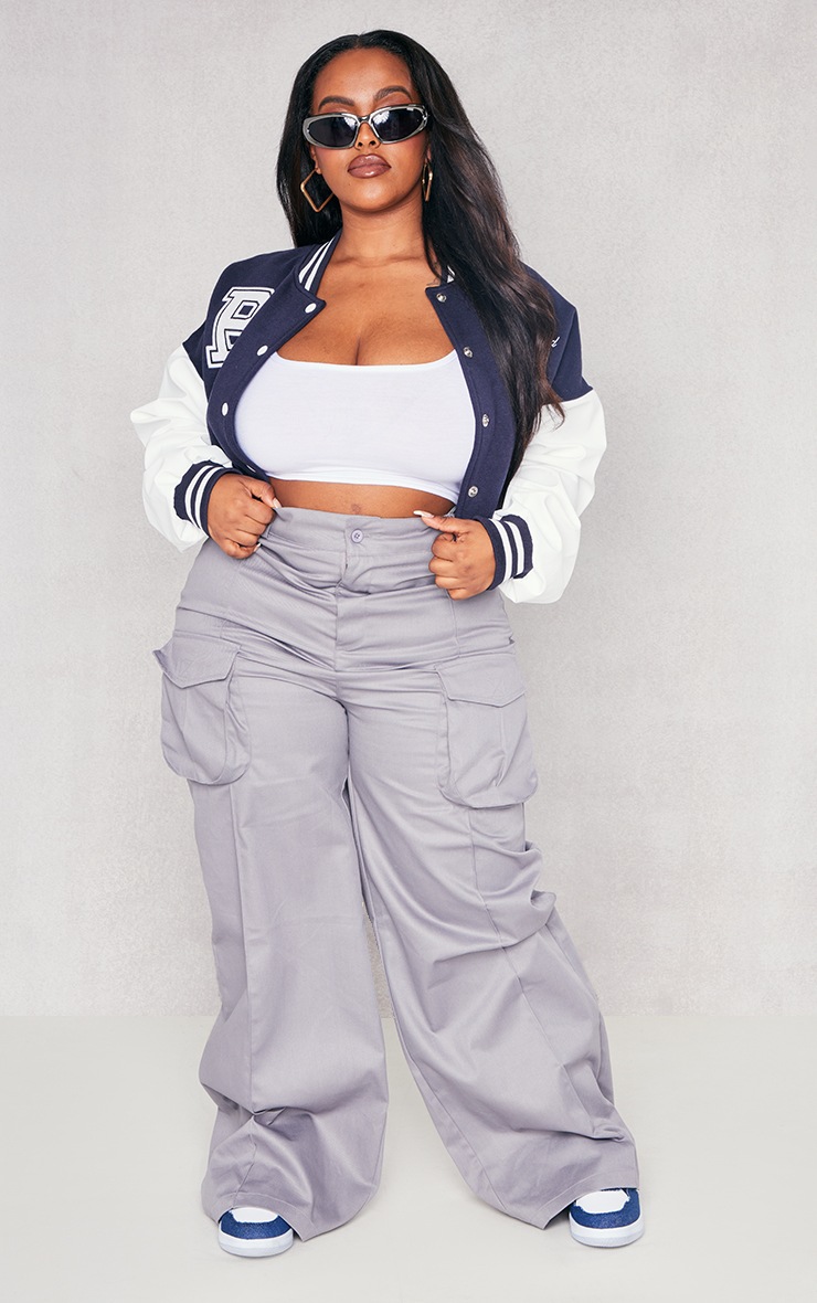 Plus Navy Varsity Contrast Sleeve Bomber Jacket | Plus Size | PLT