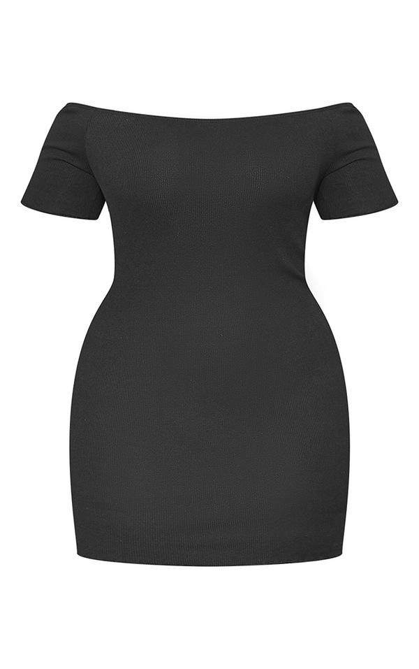 Plus Black Rib Bardot Bodycon Dress Prettylittlething Usa