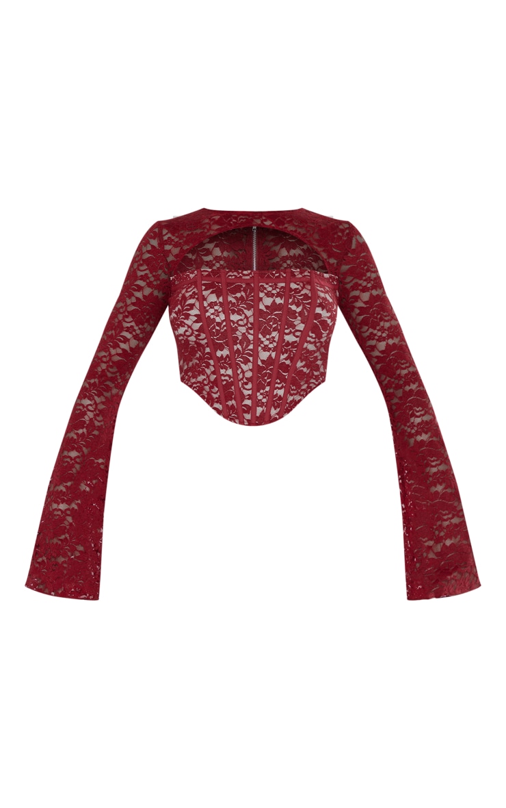Red Sheer Lace High Neck Cut Out Flute Sleeve Top | Co-ords | PLT